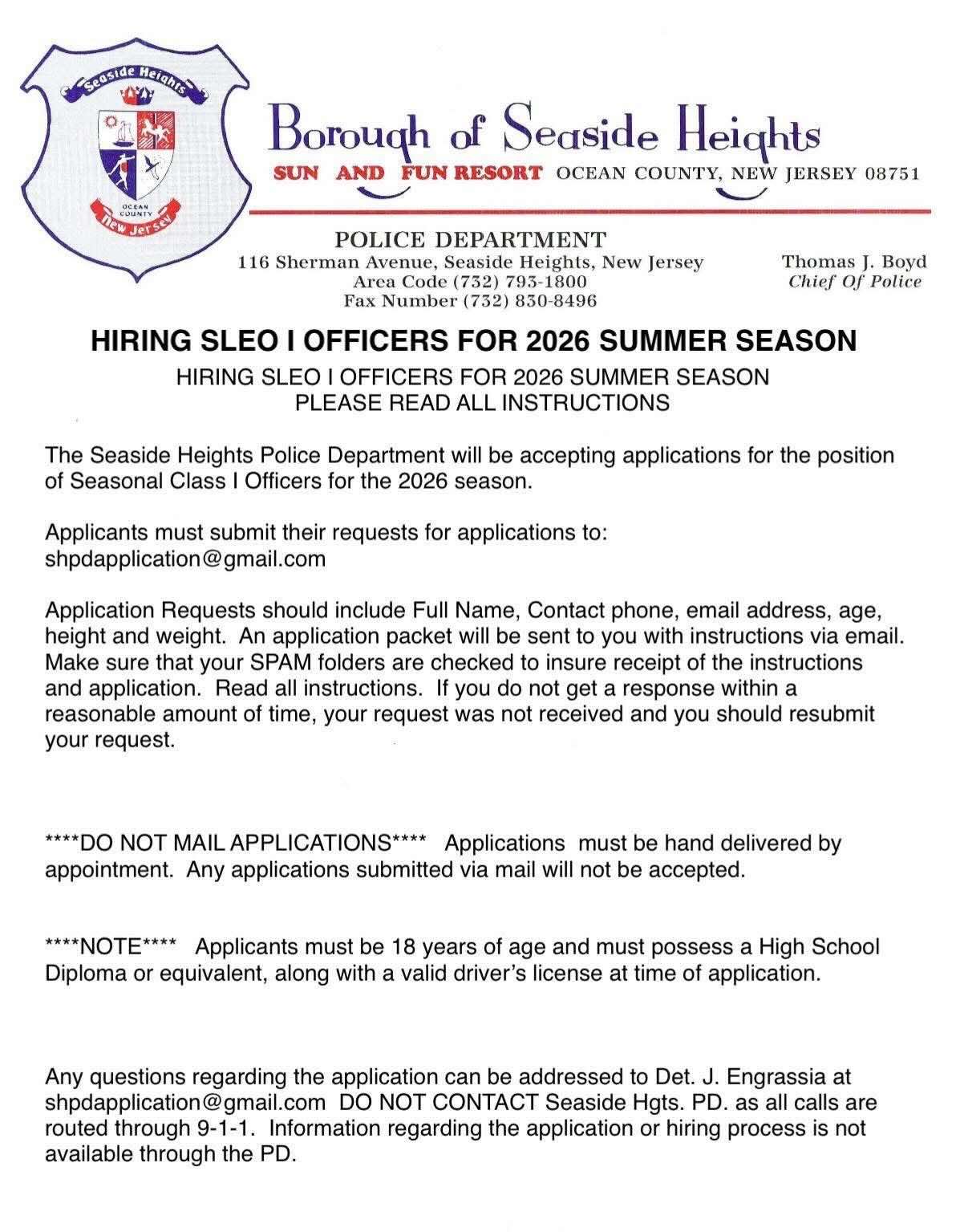 Seasonal Class I Police Officer (SLEO I) – Summer 2026